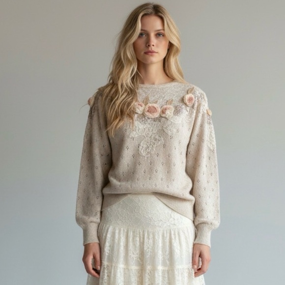 Vintage | Sweaters | Vintage 7s Mariea Kim Dainty Shabby Chic 3d Flower ...